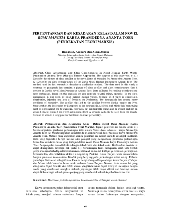 (PDF) Pertentangan Dan Kesadaran Kelas Dalam Novel Bumi Manusia Karya Pramoedya Ananta Toer ...