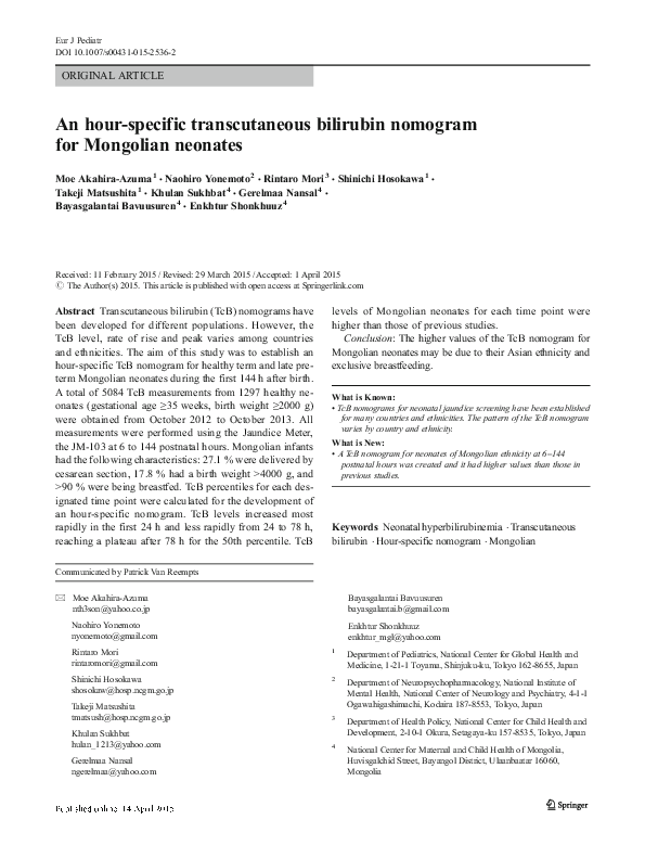(PDF) An hour-specific transcutaneous bilirubin nomogram for Mongolian ...