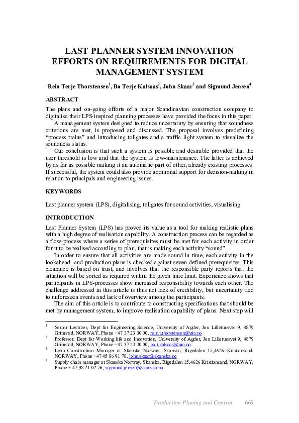 (PDF) Last planner system innovation efforts on requirements for digital management system | Bo ...