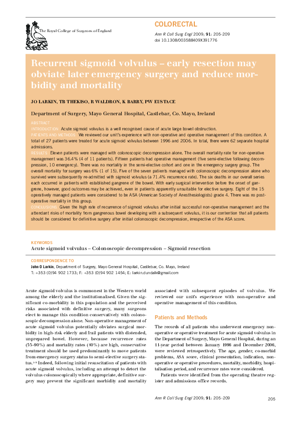 (PDF) Recurrent sigmoid volvulus – early resection may obviate later ...