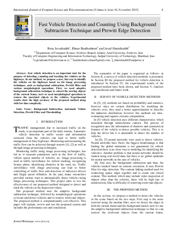 (PDF) T Fast Vehicle Detection and Counting Using Background Subtraction Technique and Prewitt ...
