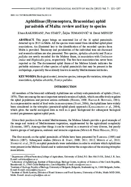 (PDF) Aphidiinae (Hymenoptera, Braconidae) aphid parasitoids of Malta ...