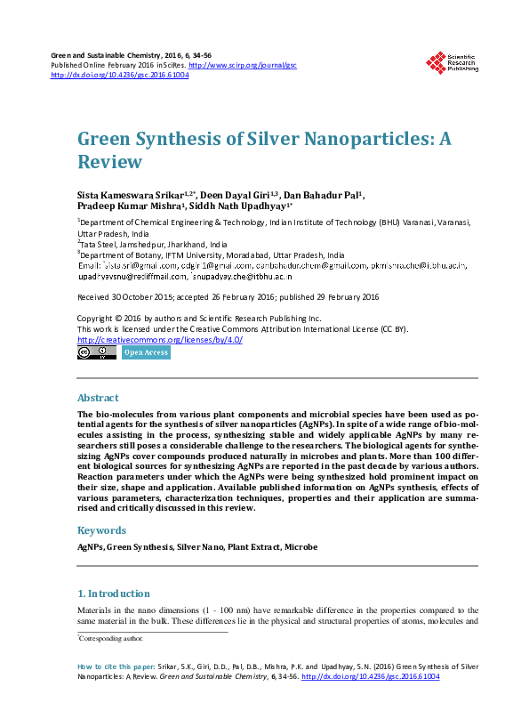 (PDF) Green Synthesis of Silver Nanoparticles: A Review