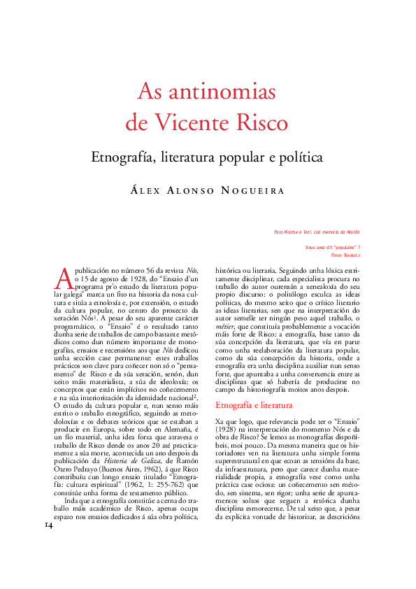 (PDF) As antinomias de Vicente Risco: etnografía, literatura popular e política