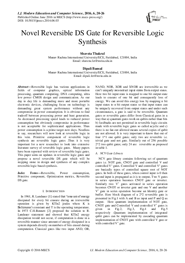 Pdf Novel Reversible Ds Gate For Reversible Logic Synthesis