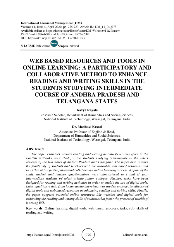 (PDF) WEB BASED RESOURCES AND TOOLS IN ONLINE LEARNING: A PARTICIPATORY ...