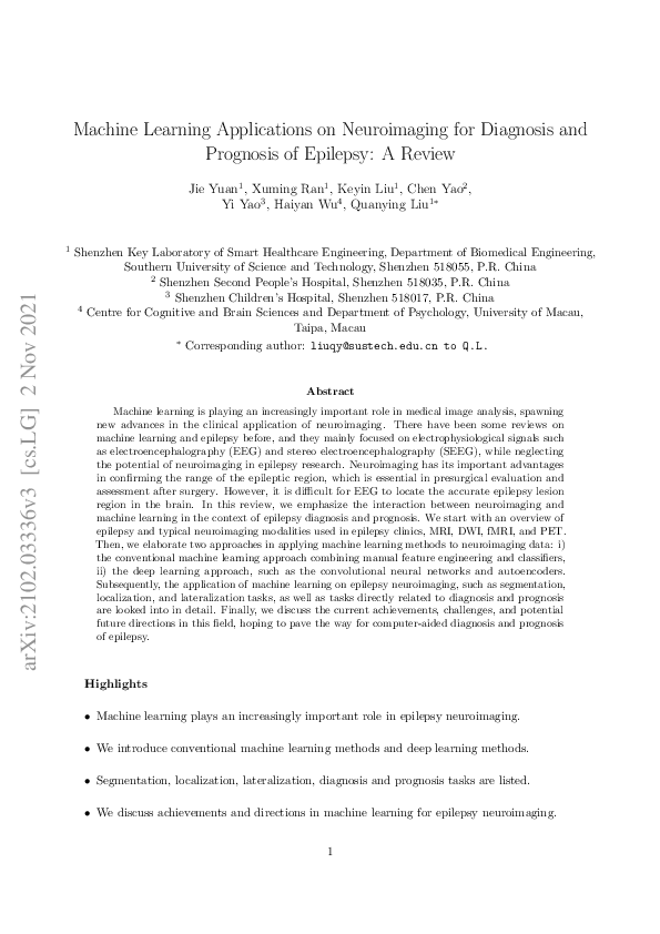 (PDF) Machine Learning Applications on Neuroimaging for Diagnosis and Prognosis of Epilepsy: A ...