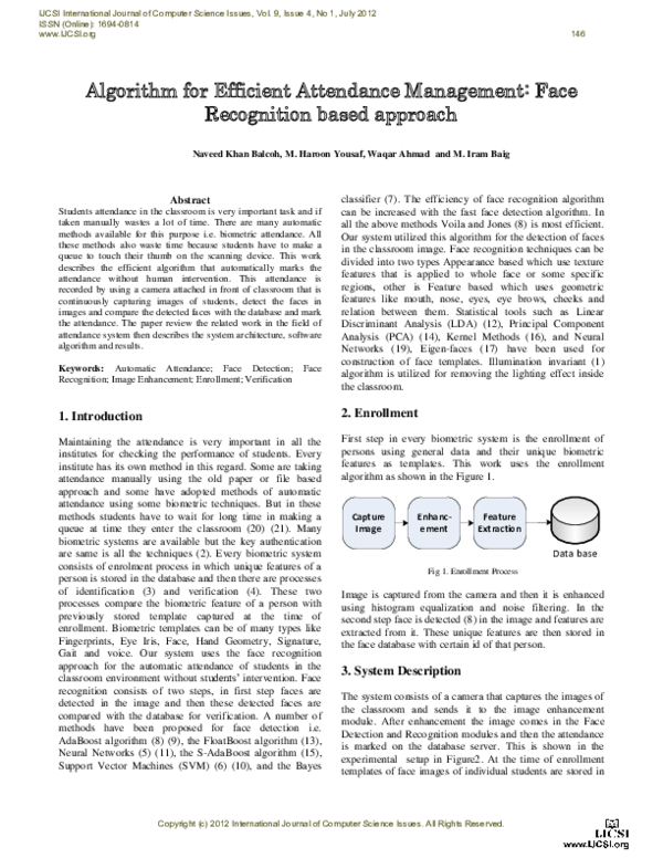 (PDF) Algorithm for Efficient Attendance Management: Face Recognition based approach