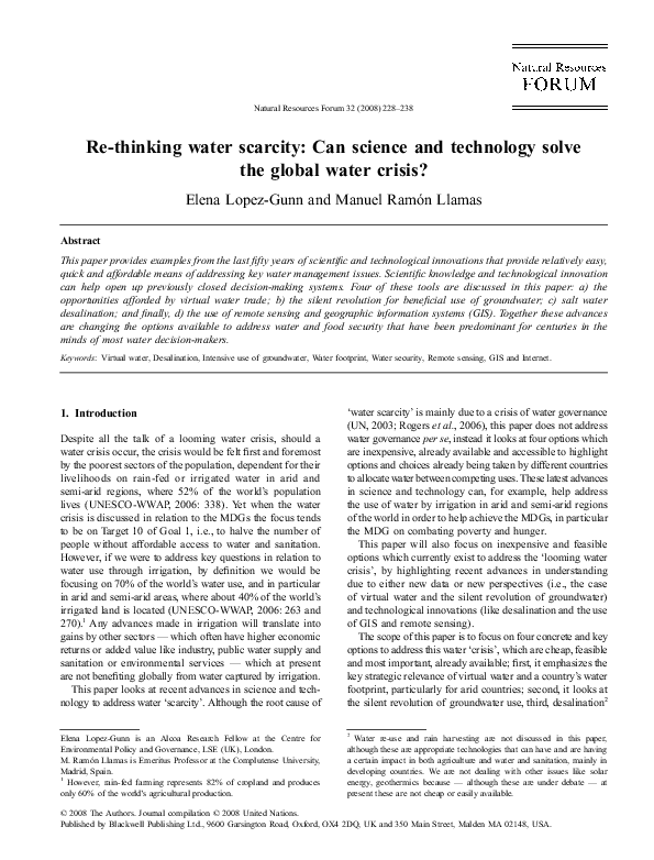 (PDF) Re-thinking water scarcity: Can science and technology solve the ...
