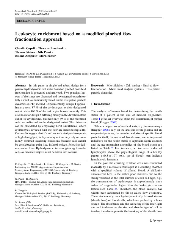 (PDF) Leukocyte enrichment based on a modified pinched flow ...