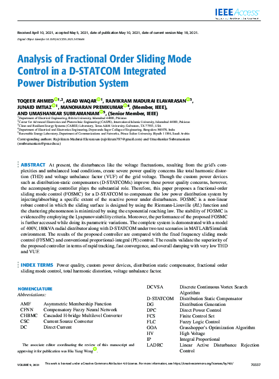 (PDF) Analysis of Fractional Order Sliding Mode Control in a D-STATCOM Integrated Power ...