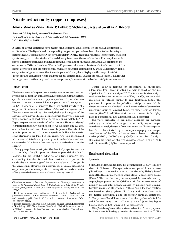 (PDF) Nitrite reduction by copper complexes