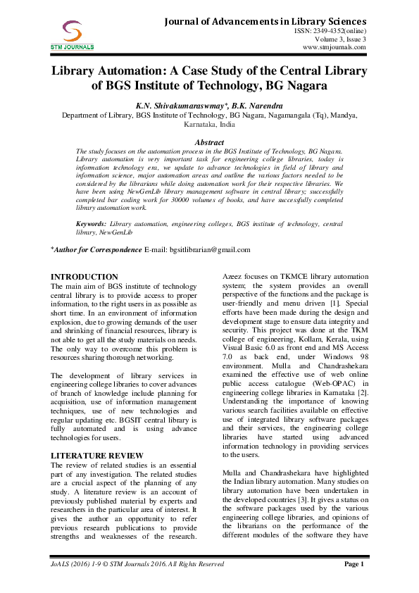 (PDF) Library Automation: A Case Study of the Central Library of BGS Institute of Technology, BG ...