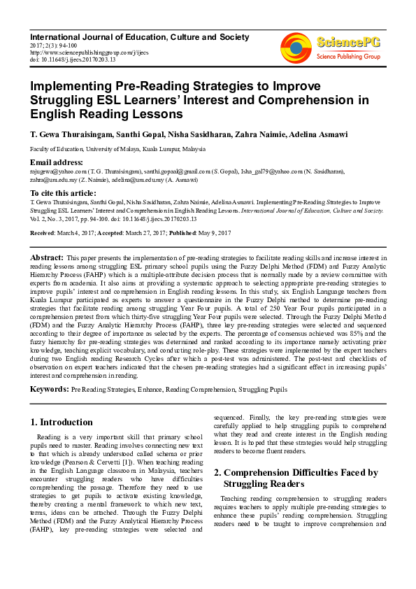 (PDF) Implementing Pre-Reading Strategies to Improve Struggling ESL ...