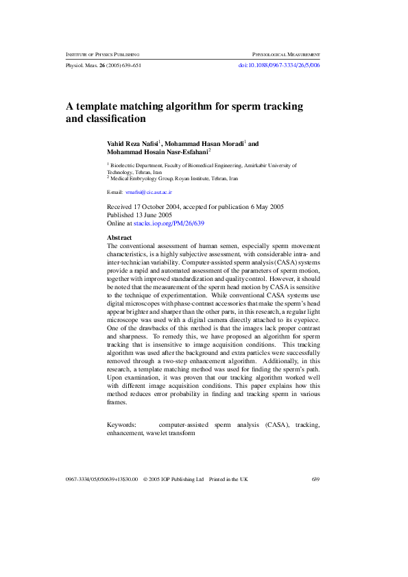 Pdf A Template Matching Algorithm For Sperm Tracking And Classification