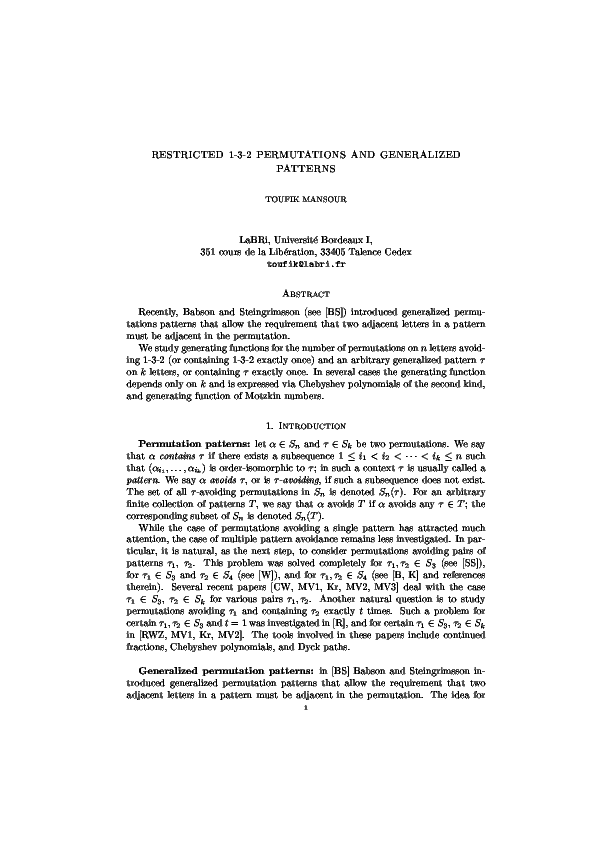 (PDF) Restricted 1-3-2 Permutations and Generalized Patterns