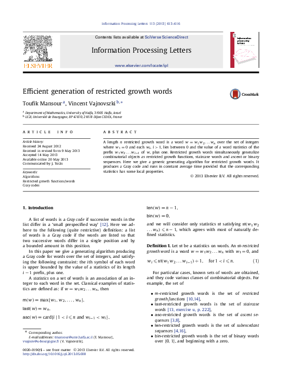 (PDF) Efficient generation of restricted growth words