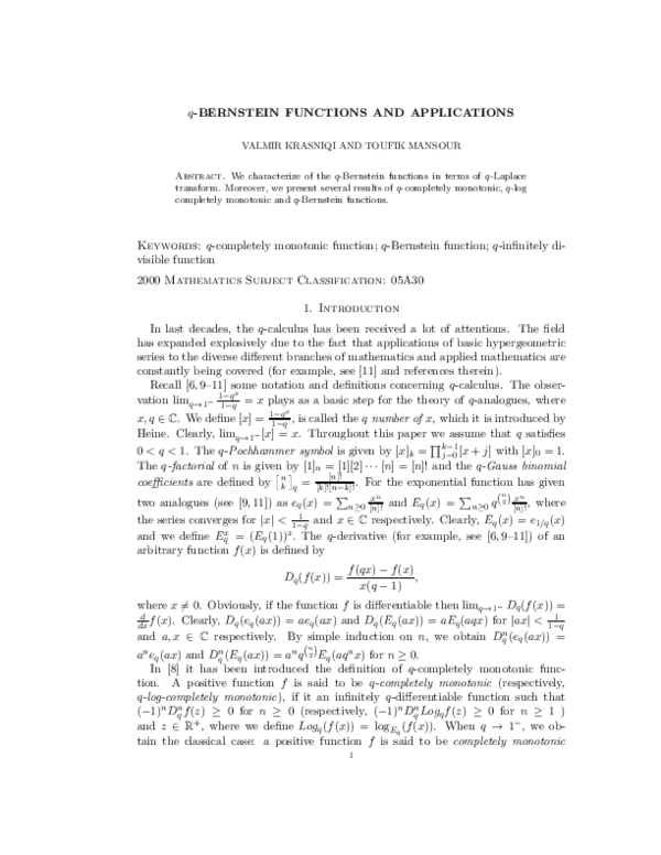 (PDF) q-Bernstein functions and applications