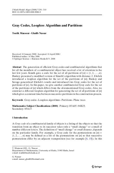 (PDF) Gray Codes, Loopless Algorithm and Partitions