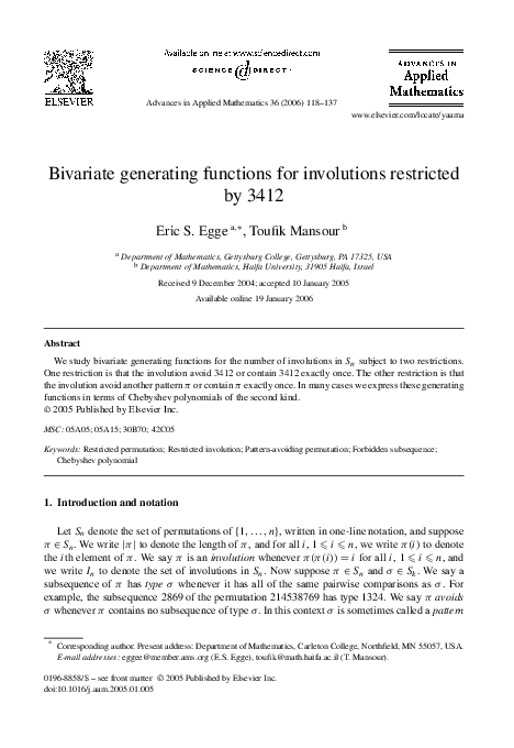 (PDF) Bivariate generating functions for involutions restricted by 3412