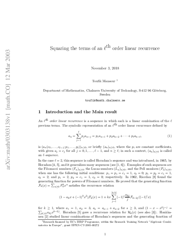 (PDF) Squaring the terms of an $ ell^{th}$ order linear recurrence