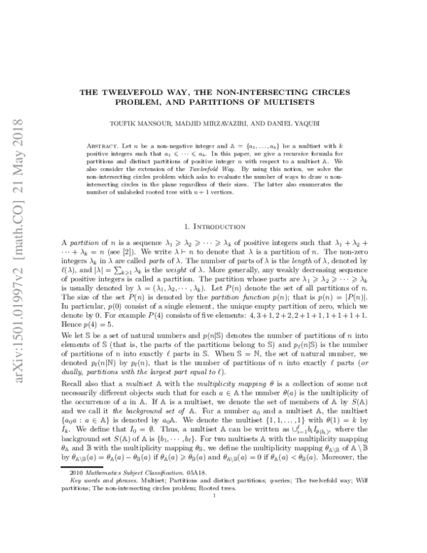 (PDF) The twelvefold way, the nonintersecting circles problem, and partitions of multisets