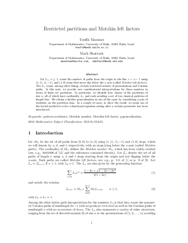 (PDF) Pattern avoiding partitions and Motzkin left factors