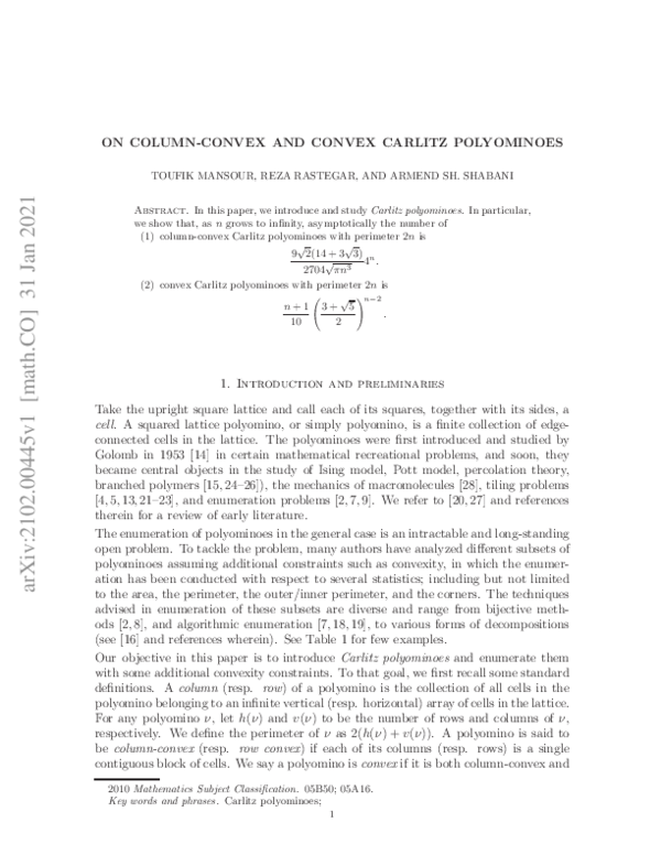 (PDF) On Column-Convex and Convex Carlitz Polyominoes