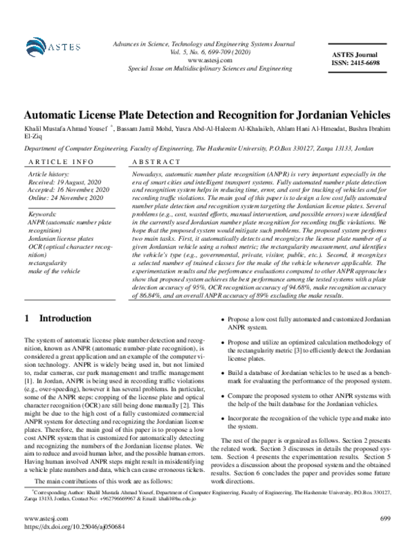 (PDF) Automatic License Plate Detection and Recognition for Jordanian Vehicles