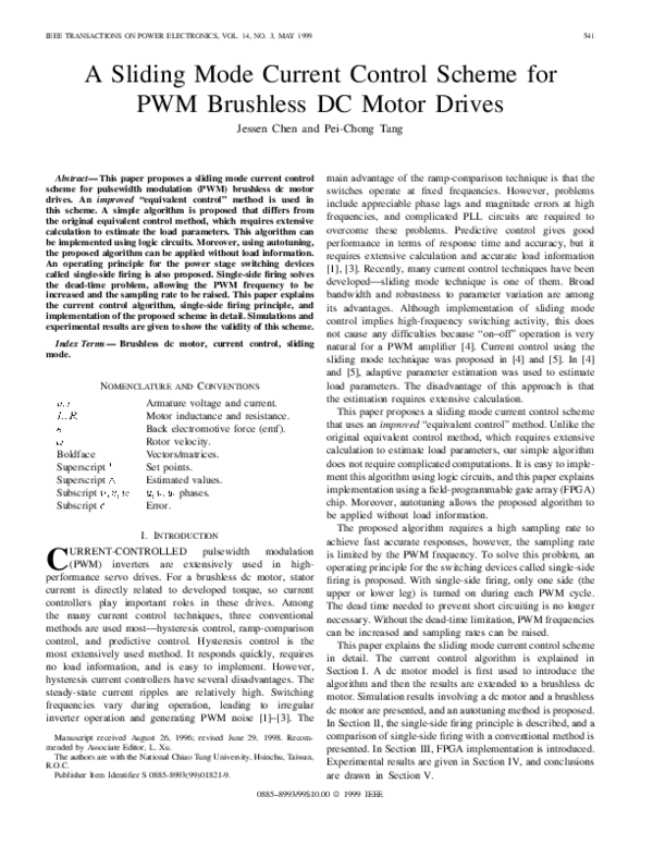 Pdf A Sliding Mode Current Control Scheme For Pwm Brushless Dc Motor Drives
