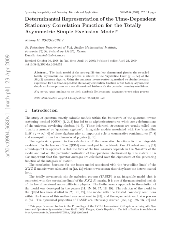 (PDF) Determinantal Representation of the Time-Dependent Stationary Correlation Function for the ...
