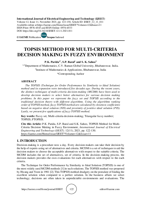 Pdf Topsis Method For Multi Criteria Decision Making In Fuzzy