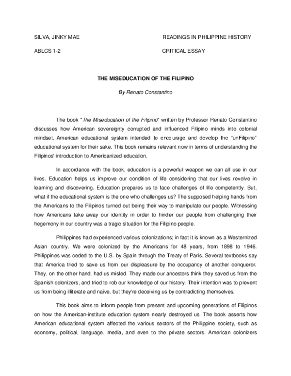 (PDF) The Miseducation of the Filipino | Critical Essay