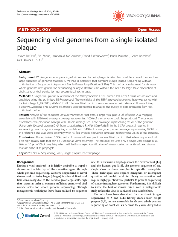 (PDF) Sequencing viral genomes from a single isolated plaque