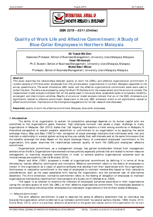 (PDF) Quality of Work Life and Affective Commitment: A Study of Blue-Collar Employees in ...