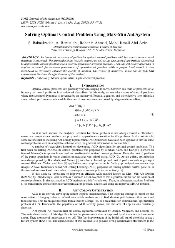 Pdf Solving Optimal Control Problem Using Max Min Ant System