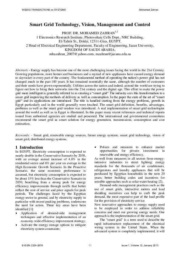 (PDF) Smart Grid Technology, Vision, Management and Control