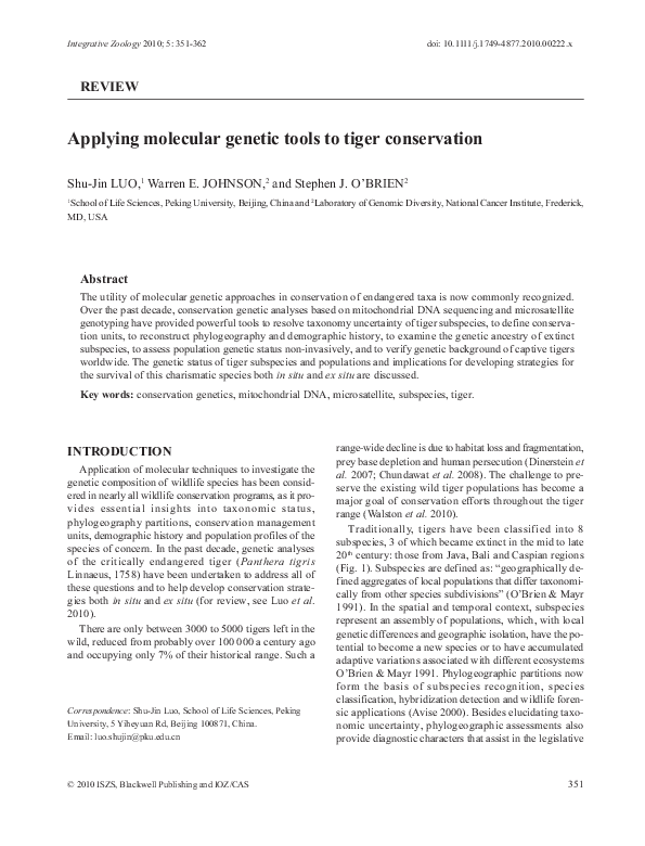 (PDF) Applying molecular genetic tools to tiger conservation