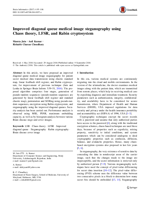 Pdf Improved Diagonal Queue Medical Image Steganography Using Chaos Theory Lfsr And Rabin
