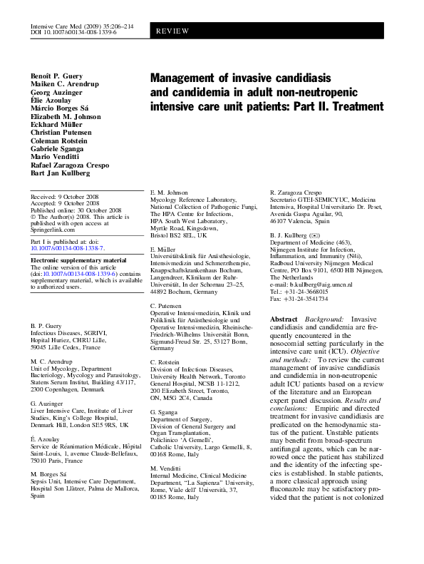 (PDF) Management of invasive candidiasis and candidemia in adult non-neutropenic intensive care ...
