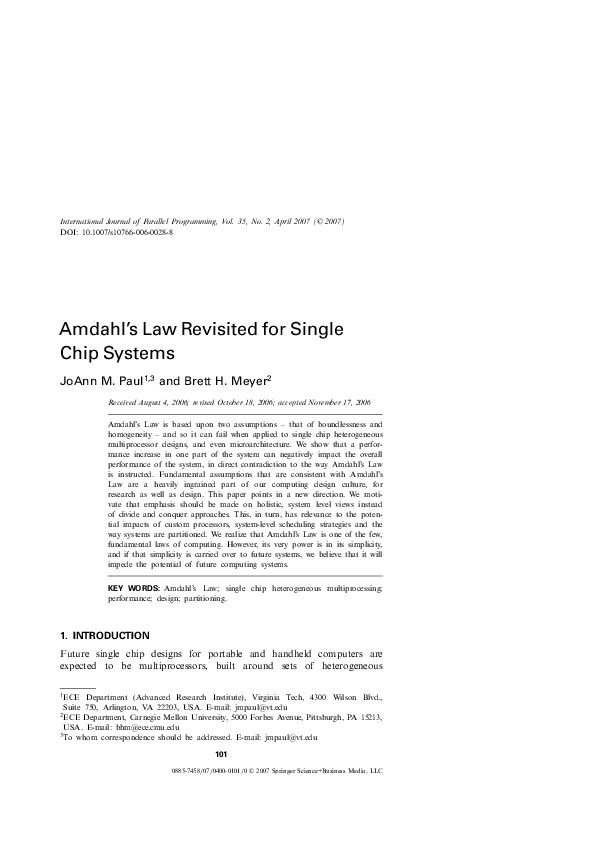 (PDF) Amdahl’s Law Revisited for Single Chip Systems