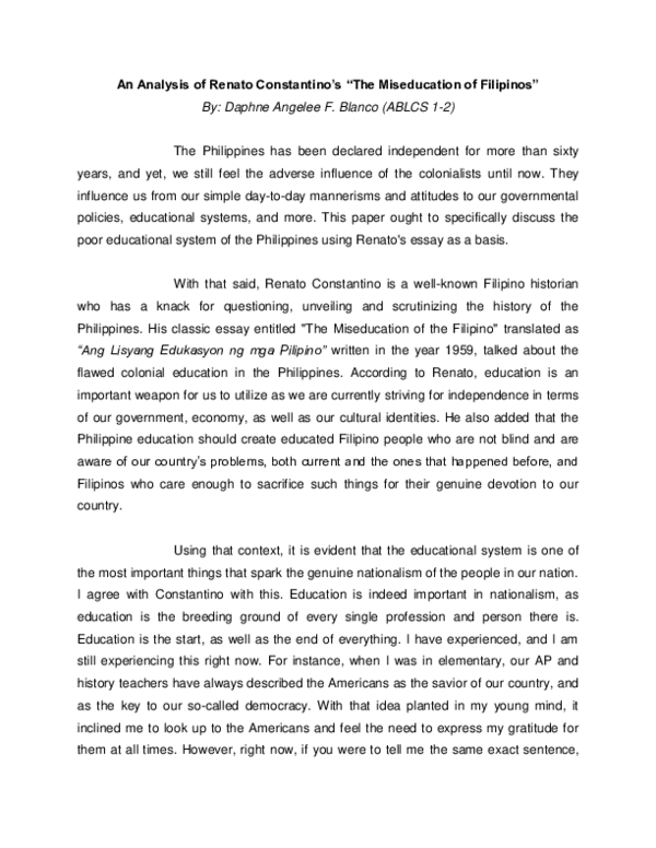 (PDF) An Analysis of Renato Constantino's "The Miseducation of Filipinos"