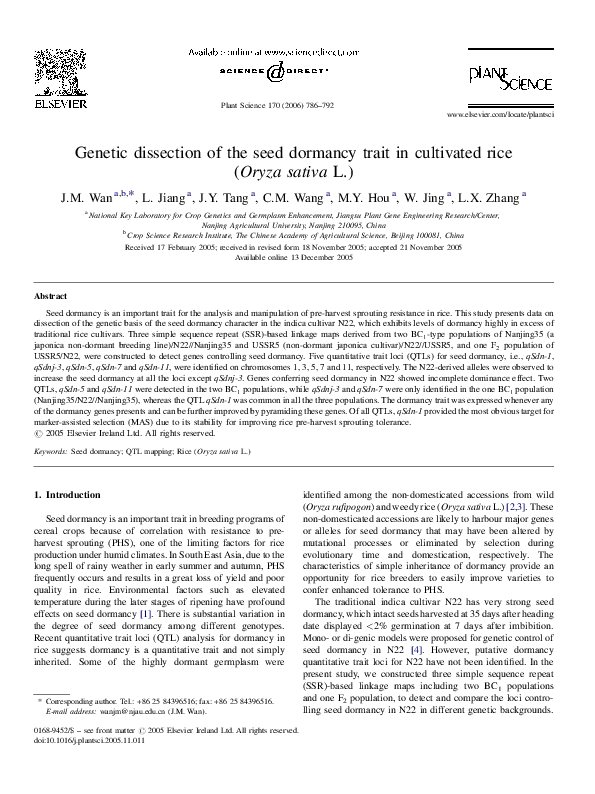 (PDF) Genetic dissection of the seed dormancy trait in cultivated rice (Oryza sativa L.)