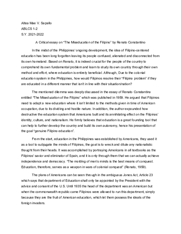 (DOC) A Critical essay on The Miseducation of the Filipino by Renato Constantino