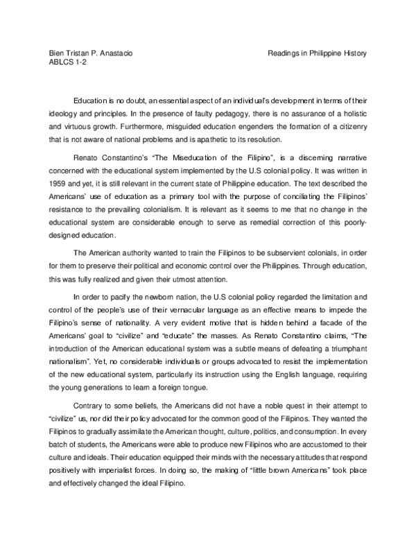 (PDF) The Miseducation of the Filipino | Critical Essay