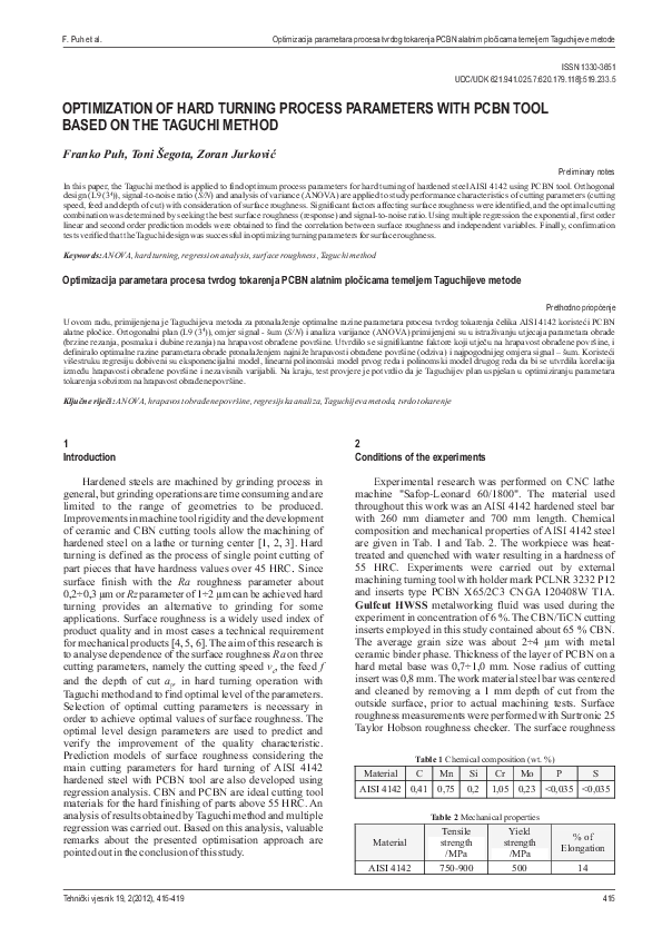 Pdf Optimization Of Hard Turning Process Parameters With Pcbn Tool Based On The Taguchi Method