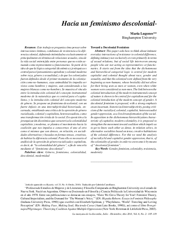 (PDF) Hacia un feminismo descolonial / María Lugones