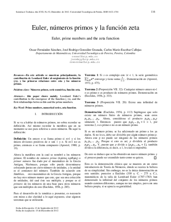 (PDF) Euler, prime numbers and the zeta function