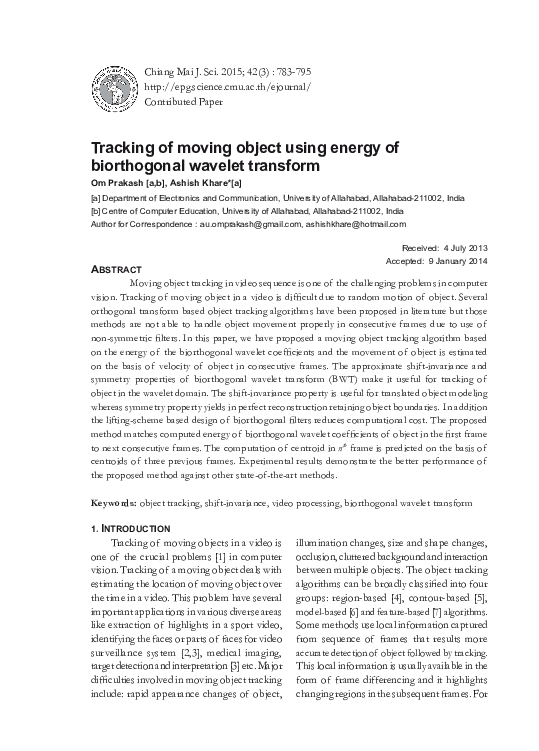 (PDF) Tracking of moving object using energy of Biorthogonal wavelet transform