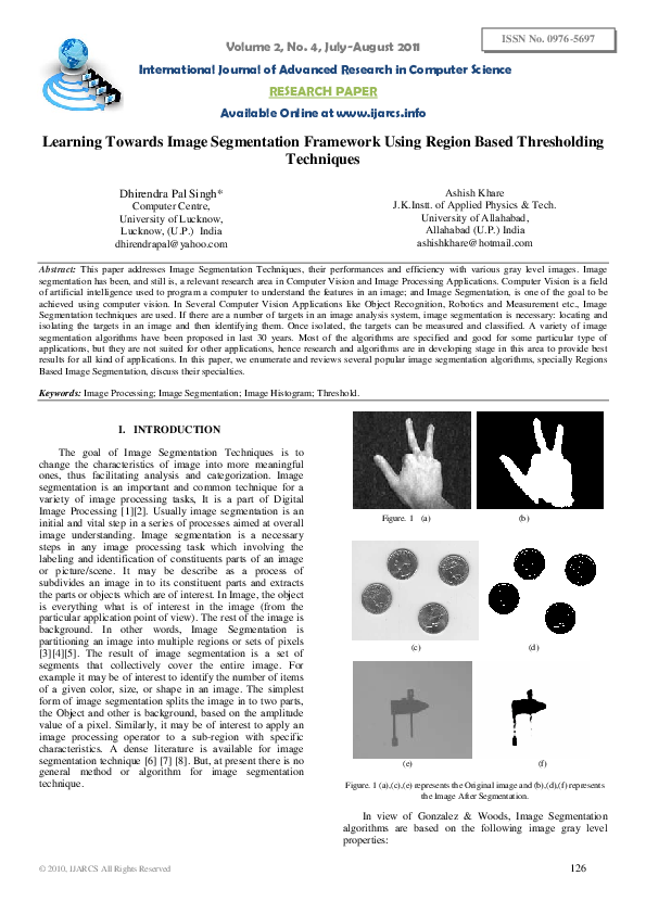 (PDF) Learning towards image segmentation framework using region based thresholding techniques